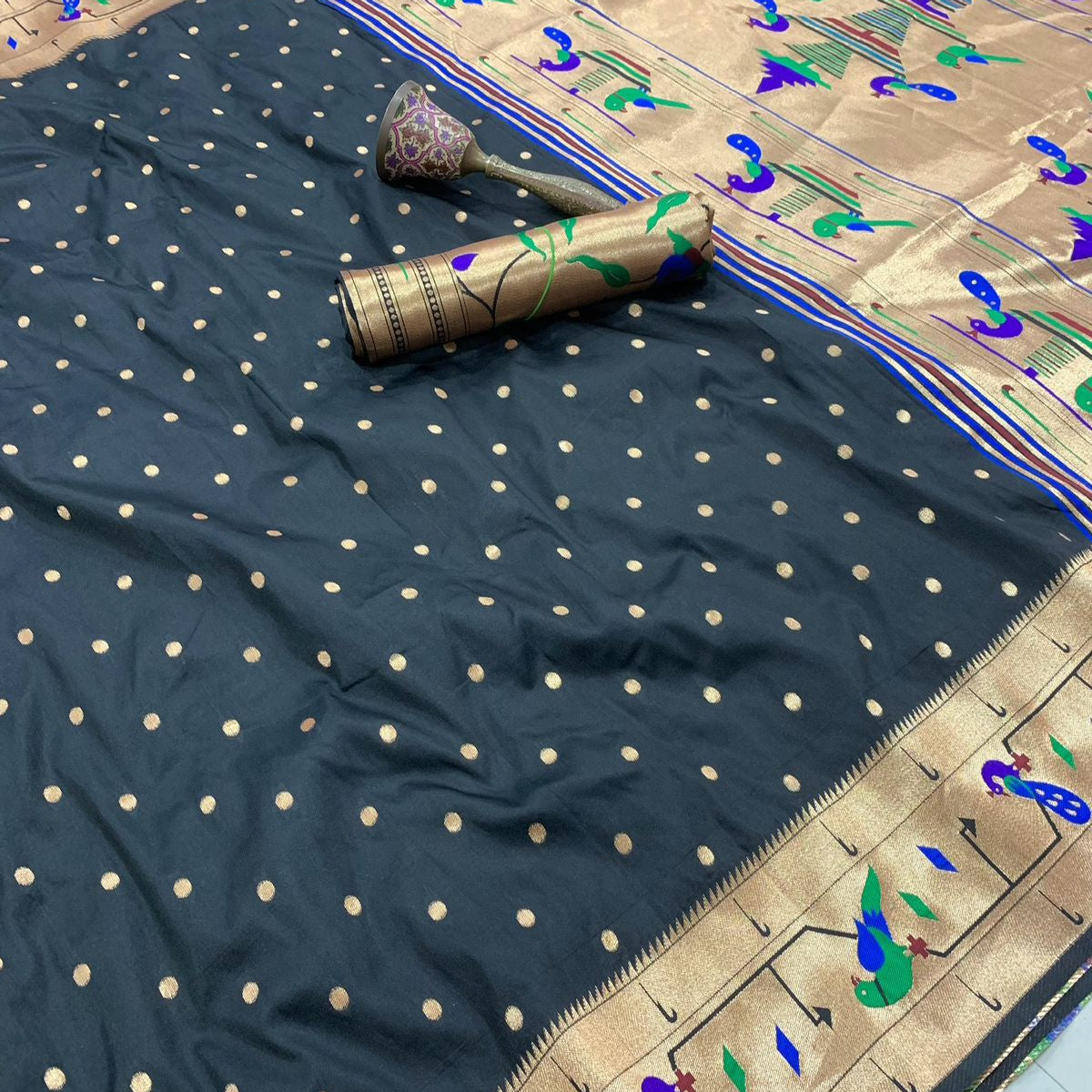 Black Mor Popat Border Semi Paithani – The Meera Studio