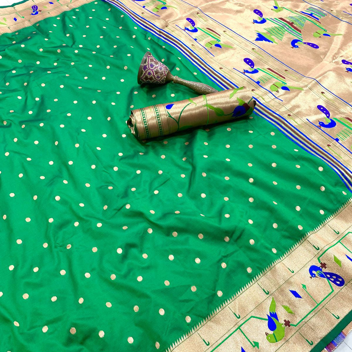 Green Mor Popat Border Semi Paithani – The Meera Studio