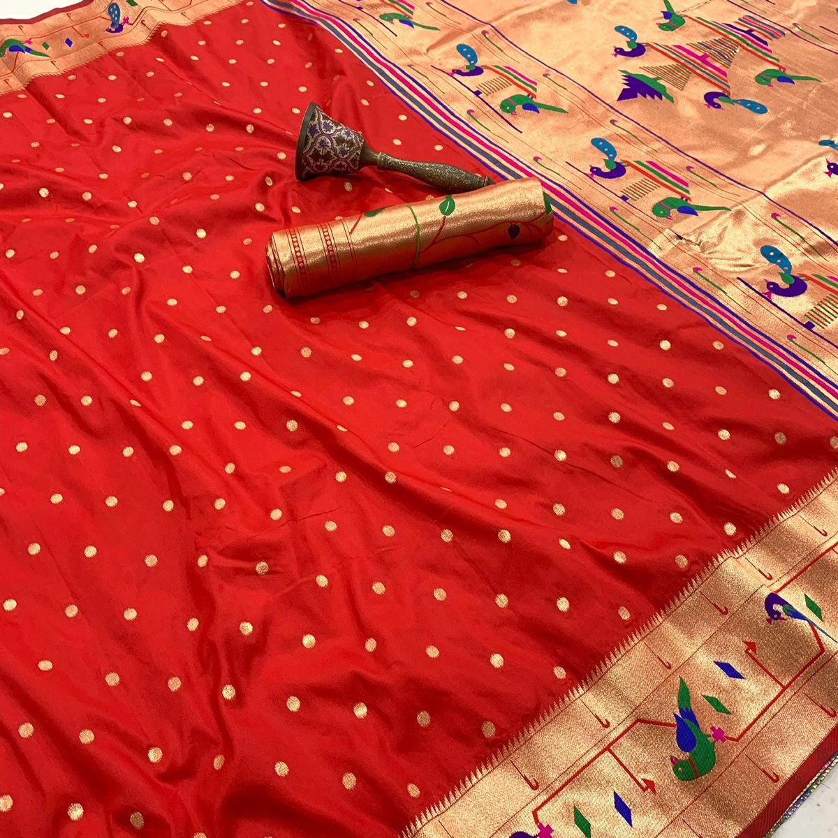 Red Mor Popat Border Semi Paithani – The Meera Studio