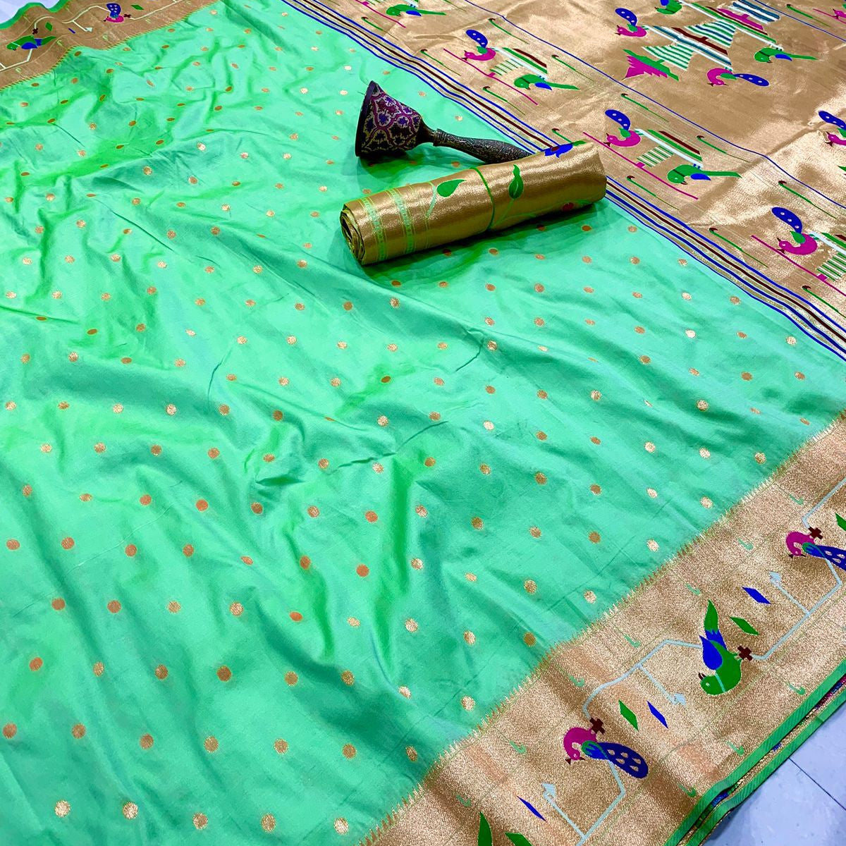 Pista green Mor Popat Border Semi Paithani – The Meera Studio